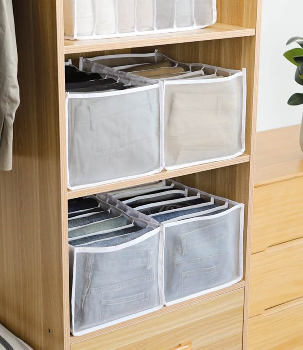 Wardrobe Clothes Organizer for Closet and Mesh Storage for Jeans Folded Clothes, Drawer Organizer Clothes (Jeans with 7 Grids Large White)
