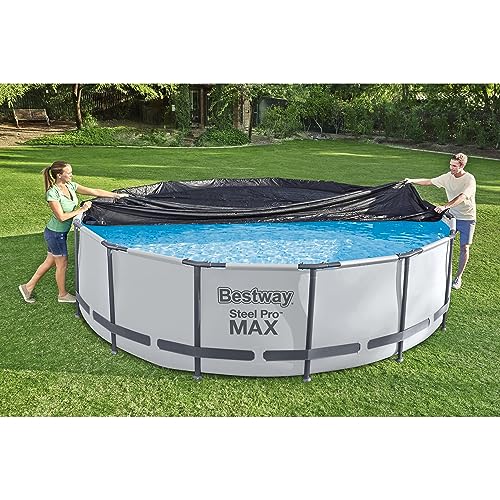 Bestway Flowclear PVC Round 12 Foot Pool Cover for Above Ground Frame Pools with Drain Holes and Secure Tie-Down Ropes, Black (Cover Only)