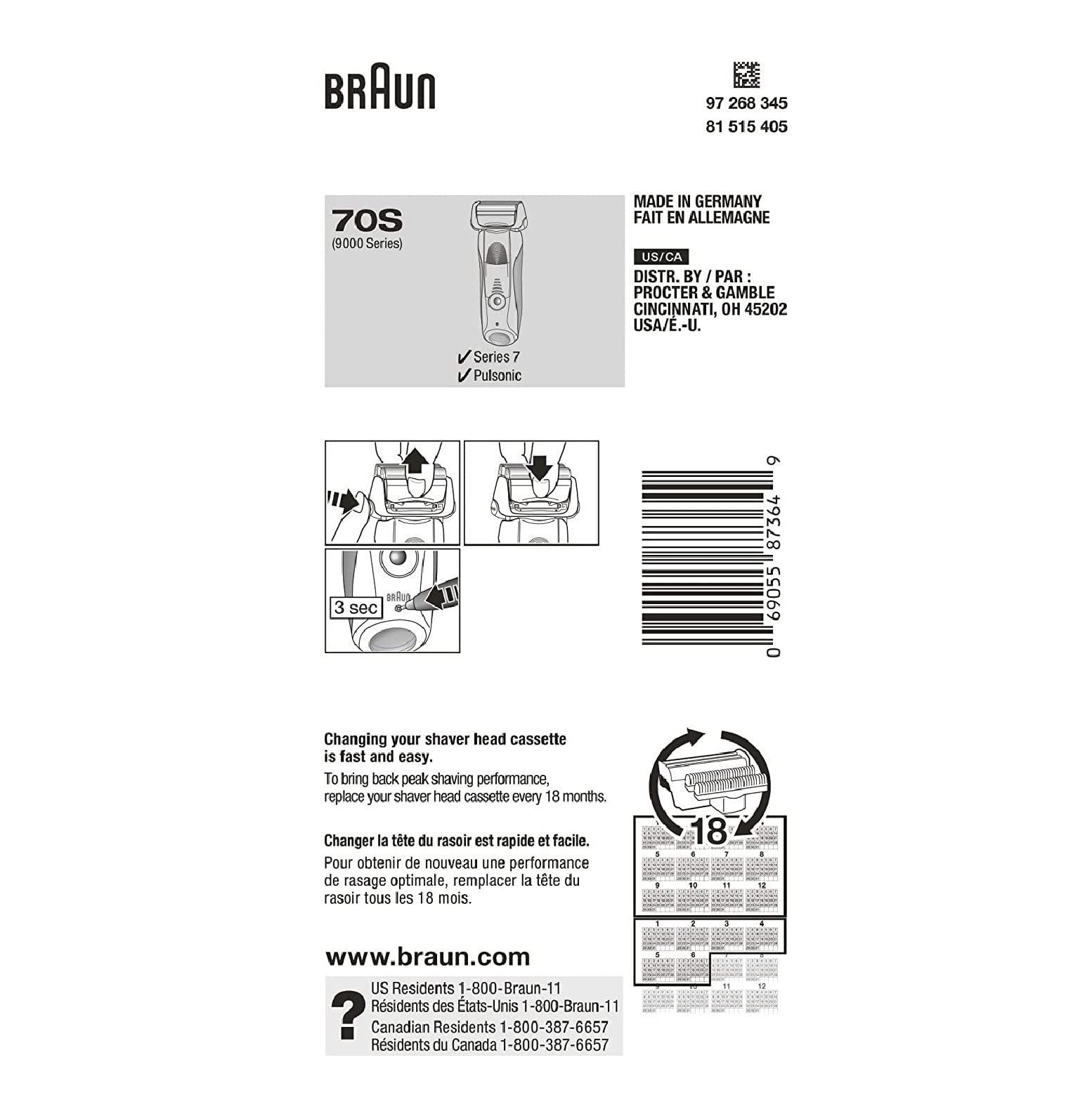 Braun Replacement Foil & Cutter Cassette - 70S, Series 7, Pulsonic - 9000 Series Braun Cassette 70S