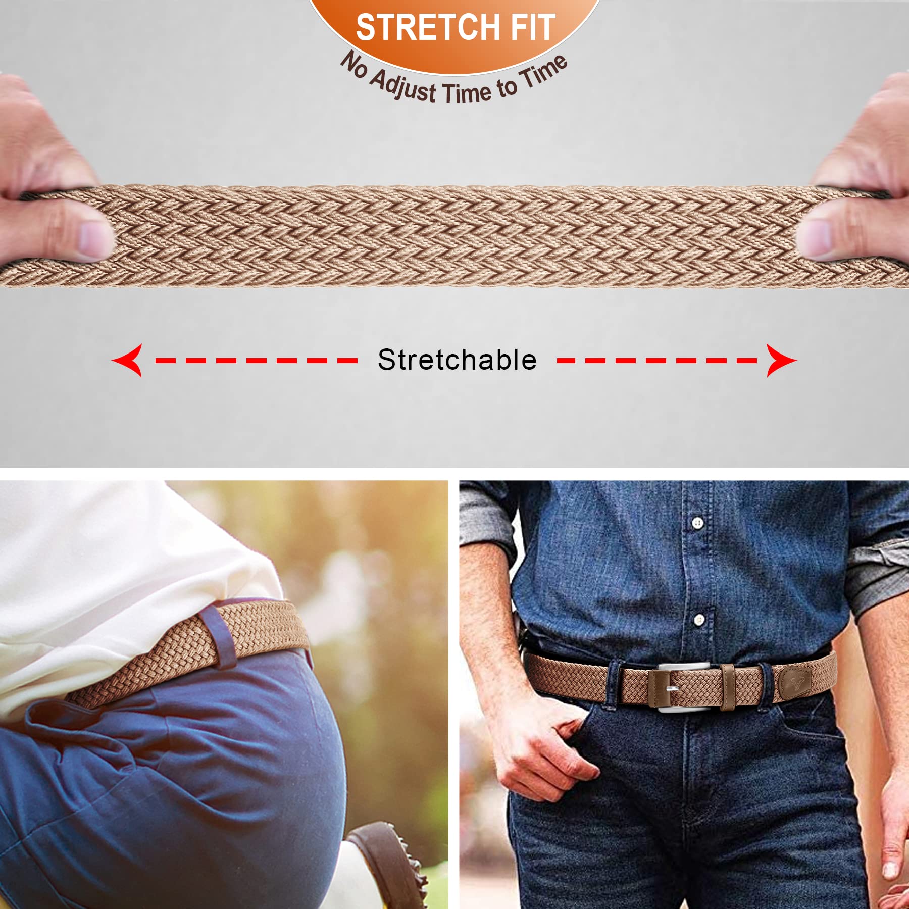 BULLIANT Stretch Belt Men,Mens Gift Woven Braided Web Belt 1 3/8 for Golf Casual Pants Shirts Jeans(Beige,46"-50" Waist Adjustable)