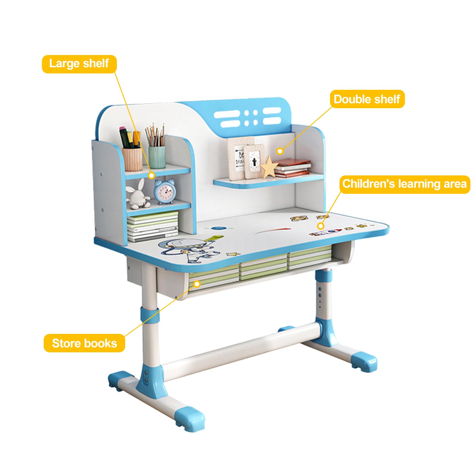 Kids Study Desk Chair Set Learning Table Height Adjustable with Writing Board, Drawers and Storage Compartments Curved Desktop Cartoon Learning Desks and Chairs for Boys and Girls (Blue/ Pink) (Blue)