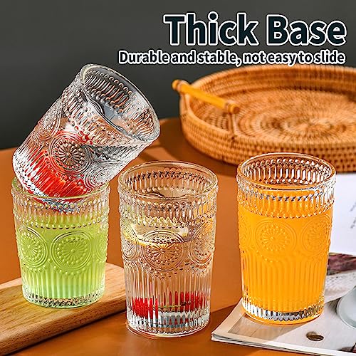 Vintage Drinking Glasses, Romantic Drinking Glasses Set of 8, 4 Highball Glasses 13 oz and 4 Rocks Glasses 9 oz, Textured Striped Drinking Glasses, Vintage Glassware Set for Juice, Beverages, Cocktail