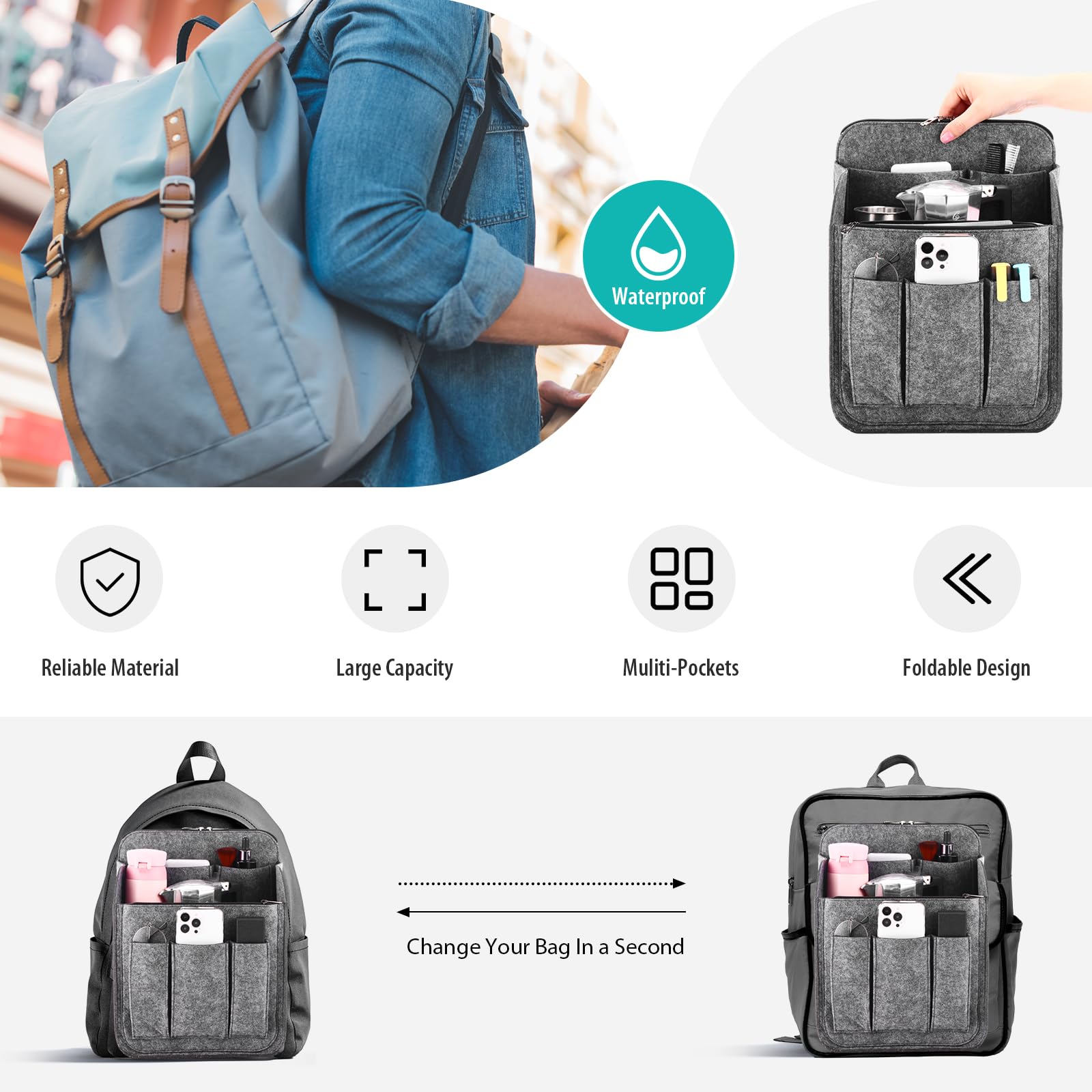 Clysee 2 Pcs Large Felt Backpack Organizer Insert Travel Rucksack Liner with Many Pockets Lightweight with Zipper(Black)