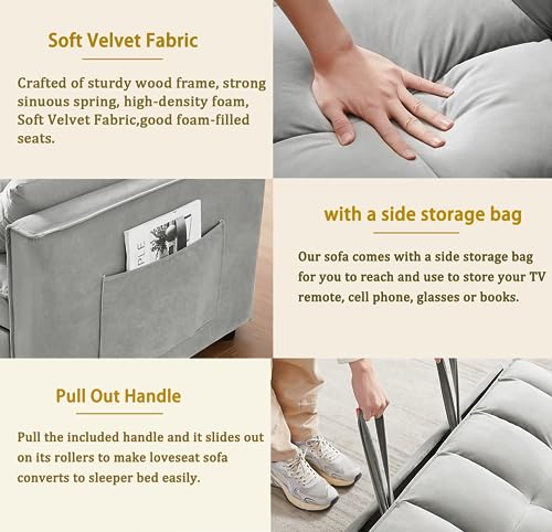 Lin-Utrend 3 in 1 Convertible Sleeper Sofa Bed with Pull Out Sofa Bed, Modern Velvet Loveseat Futon Couch with Adjustable Backrest and Lumbar Pillows,Small Love Seat Lounge Sofa Bed for Small Space