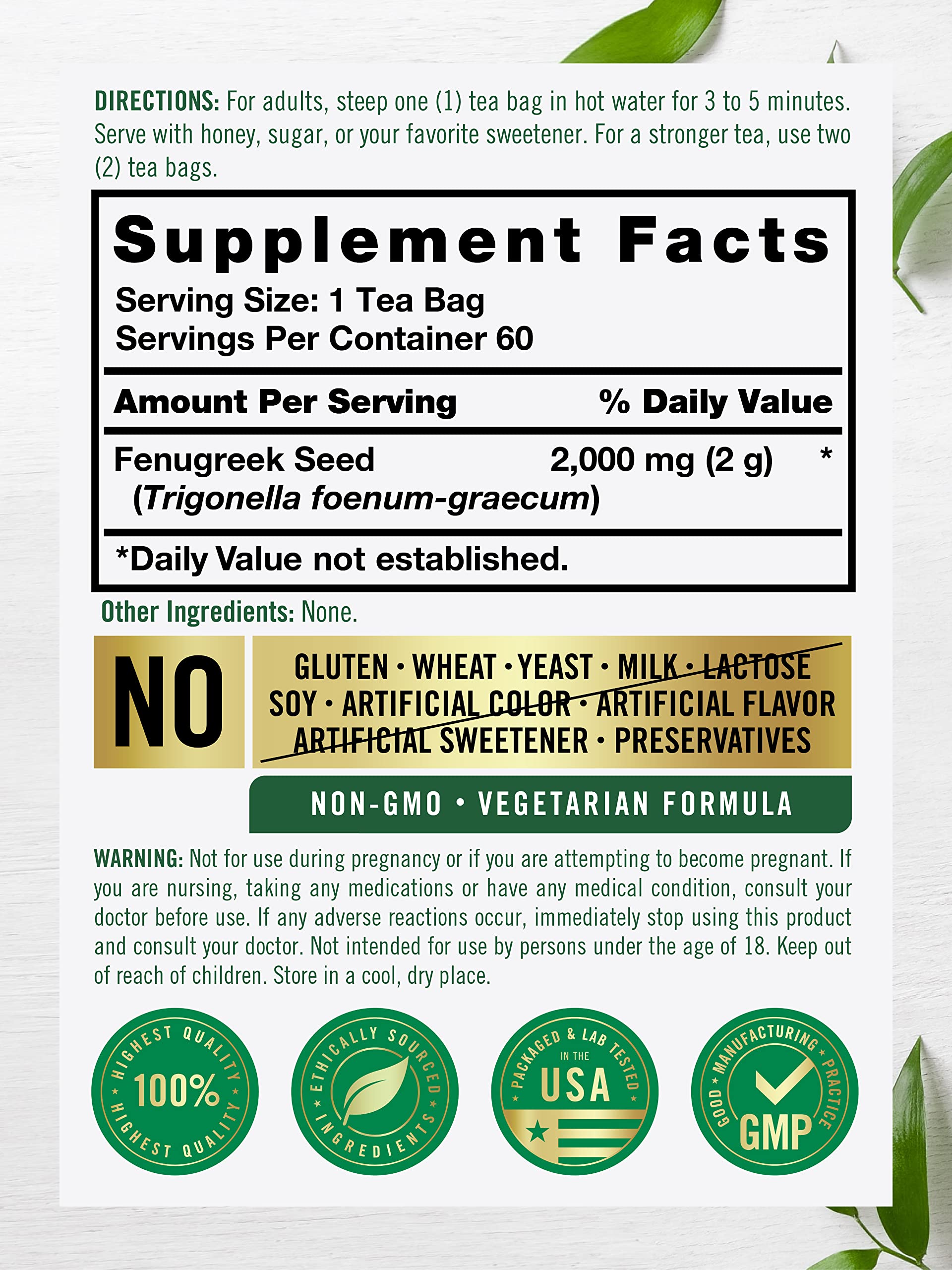 Carlyle Fenugreek Seed Tea | 60 Tea Bags | No Caffeine | Vegetarian, Non-GMO & Gluten Free Herbal Tea Supplement