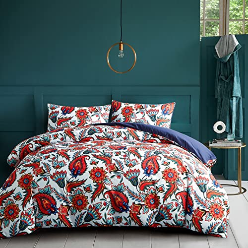 MorroMorn Tropical Duvet Cover Queen Size, Hippie Bohemian Bedding Sets Red Orange, 3 Pieces - 1 Comforter Covers with Zipper Closure 2 Pillow Shams, Vintage Retro Soft (Paisley Flower, Full/Queen)