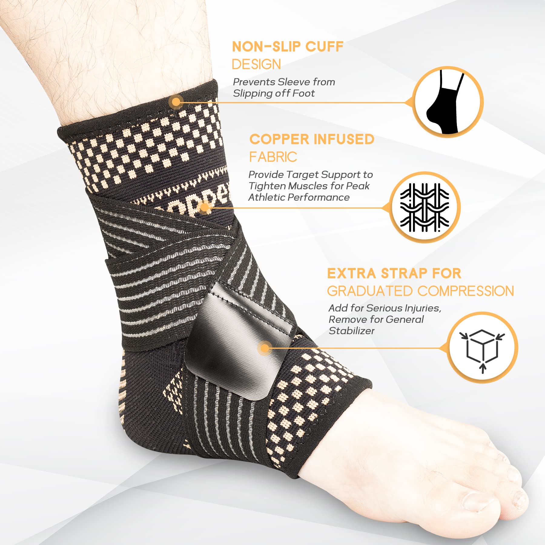 CURECARE Ankle Sleeve for Sprained Ankle, 2 PCS Copper Ankle Brace for Women & Men, Breathable Ankle/Arch Support with Removable Strap, Ankle Stabilizer Brace for Injury Recovery, Pain Relief (S)