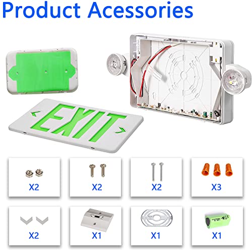 Green LED Exit Sign Emergency Light Combination Adjustable Two Heads and Battery Backup, US Standard Commercial Emergency Exit Lighting, Fire Resistant UL 924 AC 120/277V (8-Pack)