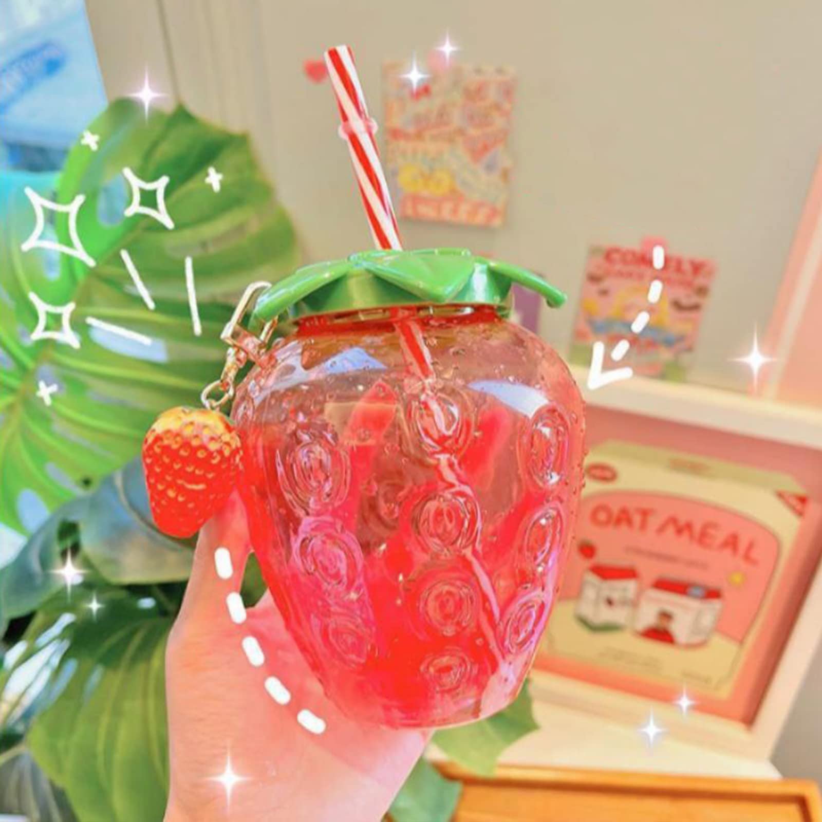 DULRLLY 17 Oz Strawberry Cups with Straw and Strawberry Pendant Kawaii Cup with Lid Portable Cute Water Bottle Mug for Gift Home Office School for Boba Tea