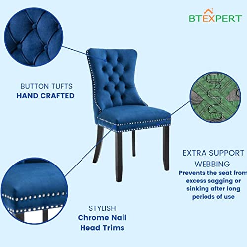 BTEXPERT High Back Blue Velvet Tufted Upholstery, Solid Wood-Accent Nail Trim, Ring Leisure Side Living Room Bedroom Coffee upholstered Dining Chair Set of 2, Navy