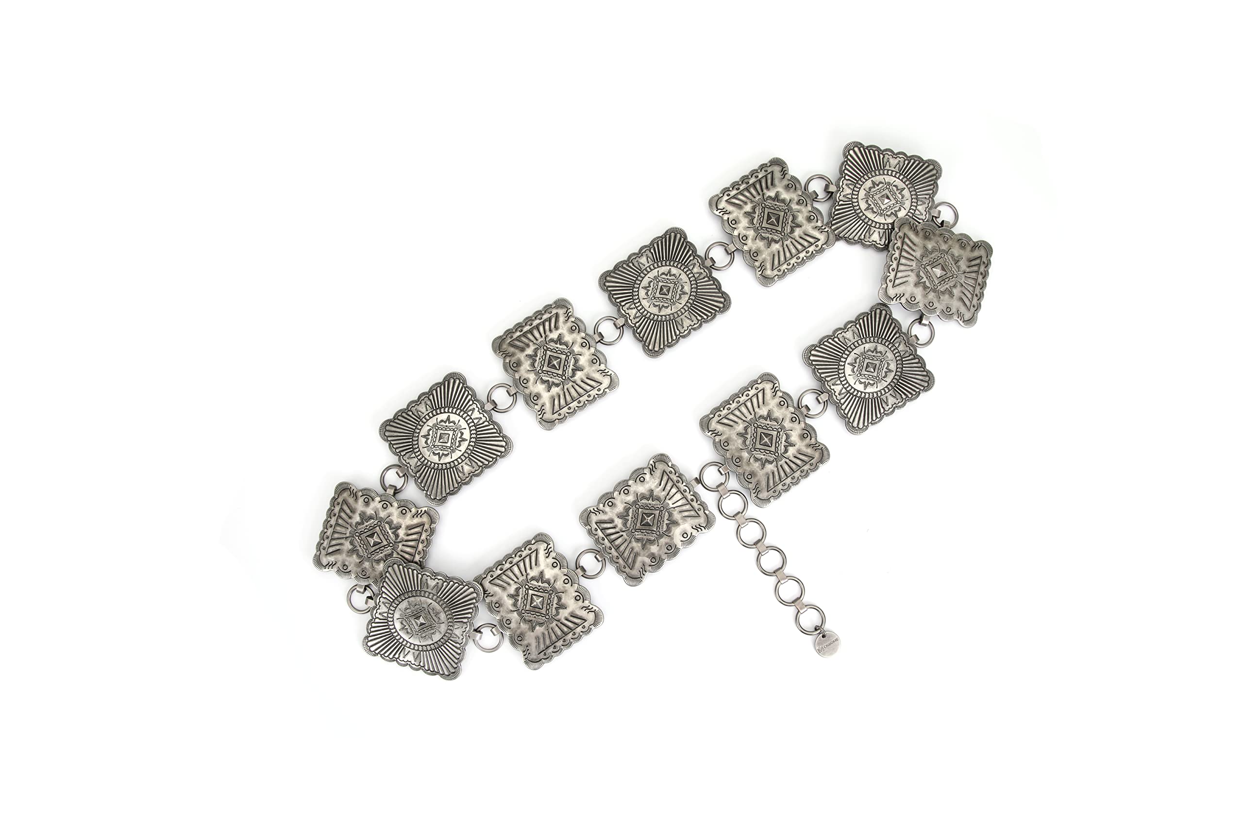 CNBOME Women's Bronze Antique Silver Square Buckle Chain Belt Adjustable Metal Belt (Antique Silver, Medium)