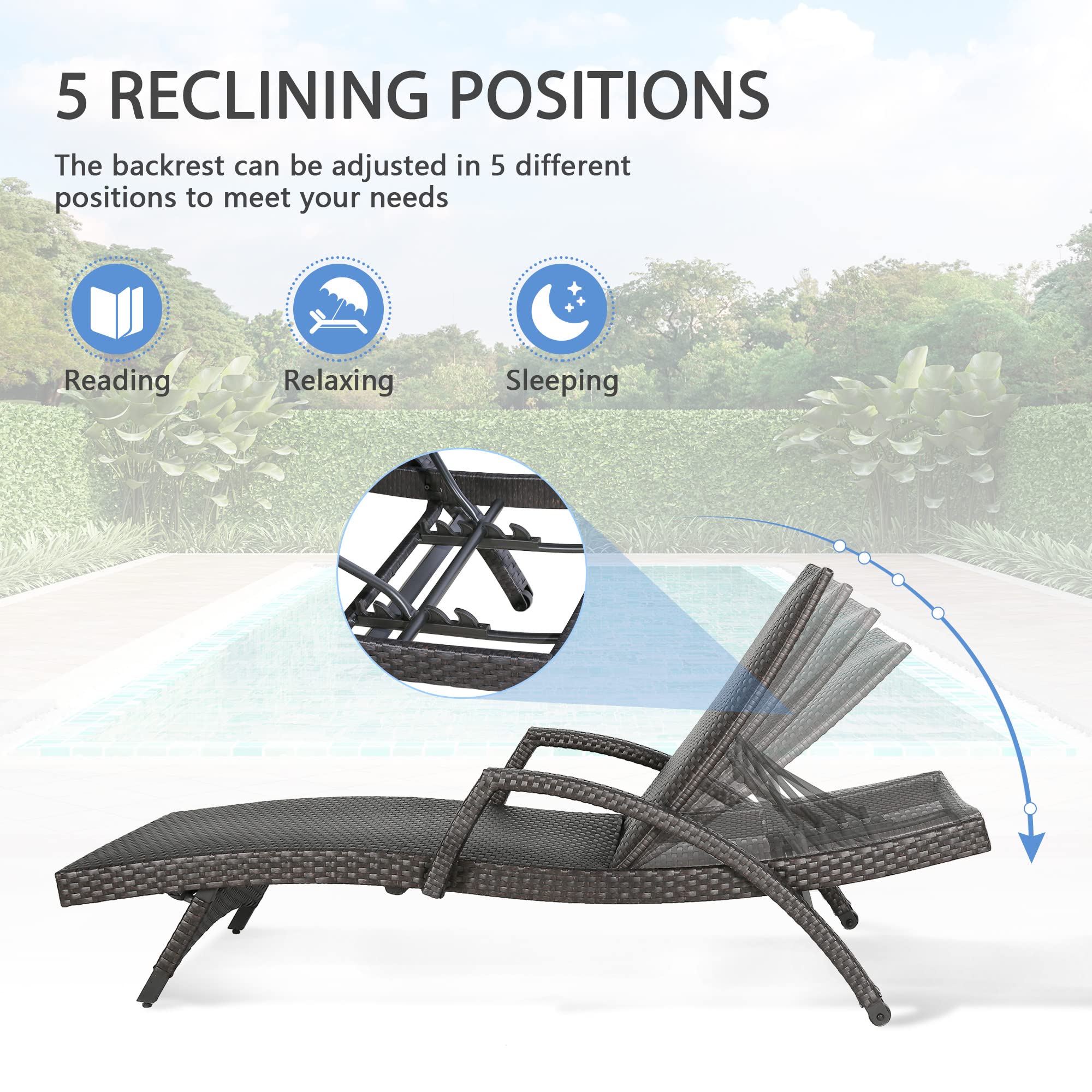 Iwicker Aluminum Outdoor Chaise Lounges with Quick Dry Foam Padded, Adjustable Wicker Patio Reclining Lounge Chairs with Wheels and Armrest, Set of 2