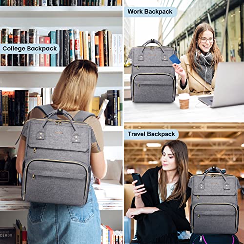 LOVEVOOK Laptop Backpack Women, 15.6 Inch Computer Backpack with Charger, Water Resistant Teacher Bag Work Backpack with Laptop Compartment for Travel Business College, Grey