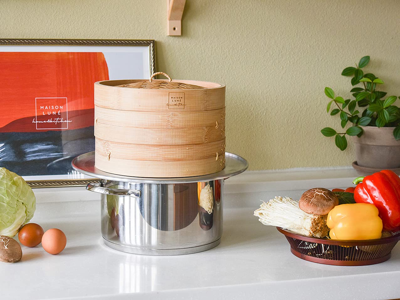 Maison Lune New Coated Steaming Ring - Cooking Adapter for 8-13 Inch Bamboo Steamer, Round Brush Included