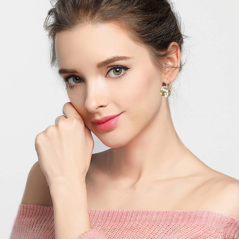Multicolored Austrian Crystal Drop Earrings for Women 14K Gold Plated Hypoallergenic Leverback Dangle Earrings (Yellow Main Crystal/Rose Gold-tone)