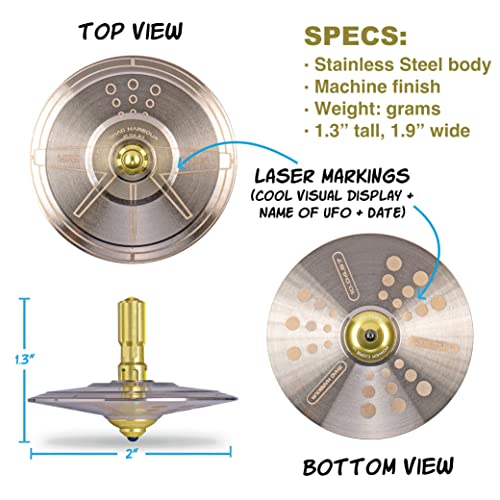 UFO Tops | Shag Harbour | Metal Spinning Top | Inspired by The 1967 Shag Harbour, Nova Scotia UFO Incident | Raw Stainless Steel UFO with Solar Yellow Power Core™