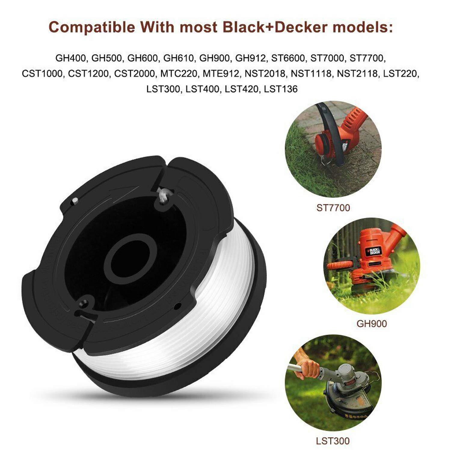 ConPus Weed Eater Replacement Parts Compatible with Black&Decker AF-100 GH600 GH900,Replacement RC-100-P Spools Caps&Springs and 30ft 0.065" String Trimmer Line,(6 Spools+1 Cap+1 Spring)