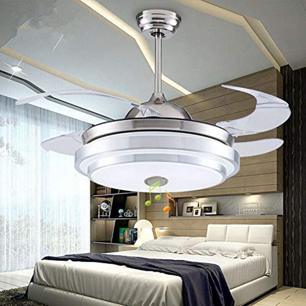 Carmyra 42 Inch Modern Retractable Ceiling Fans with Light Smart Bluetooth Music Player Chandelier 7 Colors Invisible Blades with Remote Control