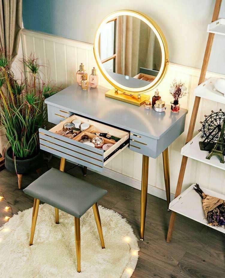 KJNS Makeup Vanity Set Dressing Table Touch Screen Mirror Stool 3 Lights Vanity Desk Makeup Vanity Side Tables Bedroom Vanity Table Portable Desk Vanity Set