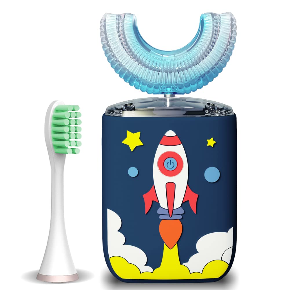 Kids U Shape Electric Toothbrushes Ultrasonic Whole Mouth Auto Toothbrush with 6 Cleaning Modes 2 Brush Heads Brushing Timer Lights IPX7 Waterproof Rechargeable Rocket Cartoon Design for Ages 2-6