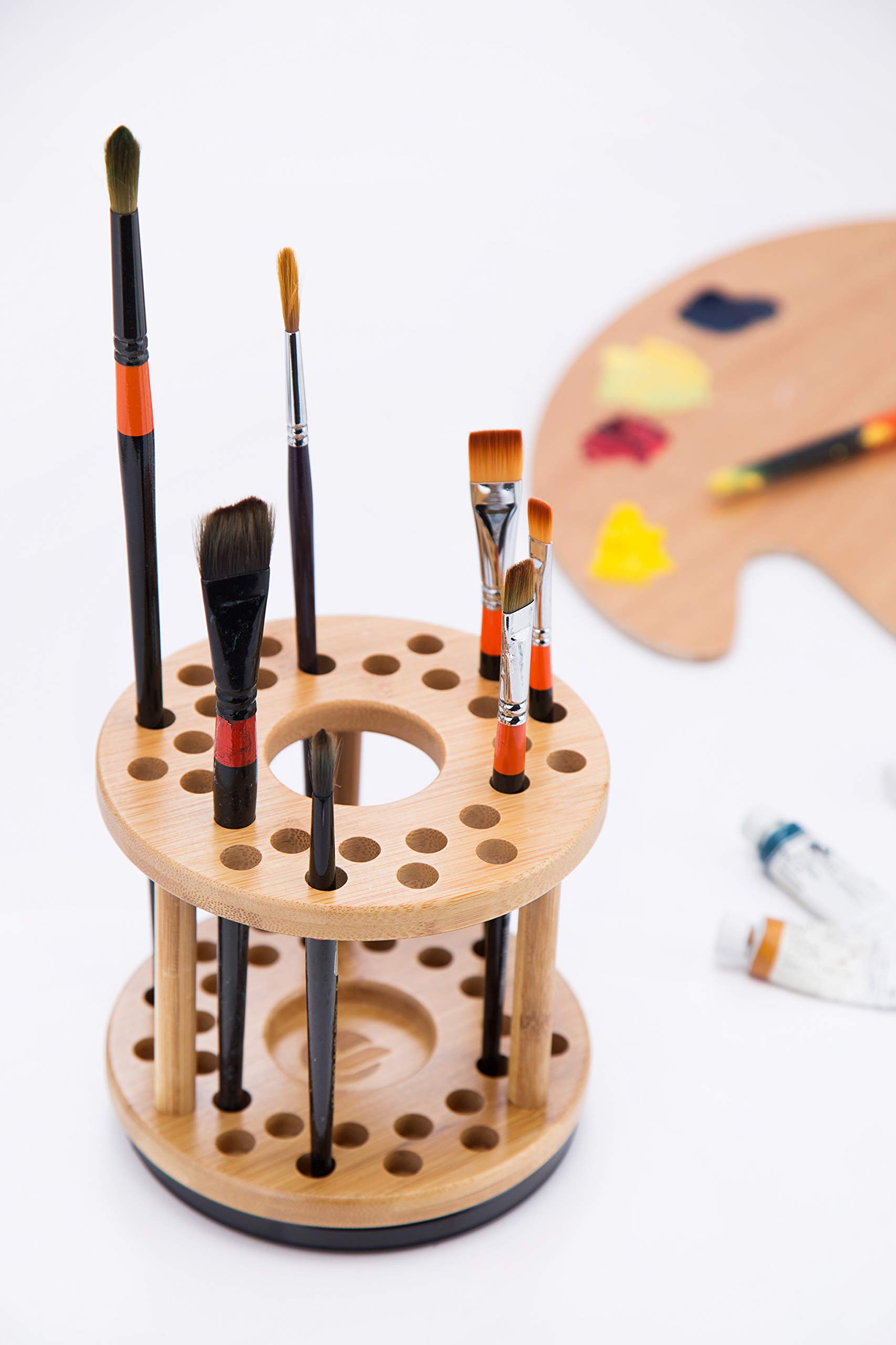 J JACKCUBE DESIGN 360 Rotating Paint Brush Holder Bamboo Watercolor Artist Brush Water Coloring Organizer Display Stand Tray Rack with 27 Holes and 1 Big Hole – MK441A