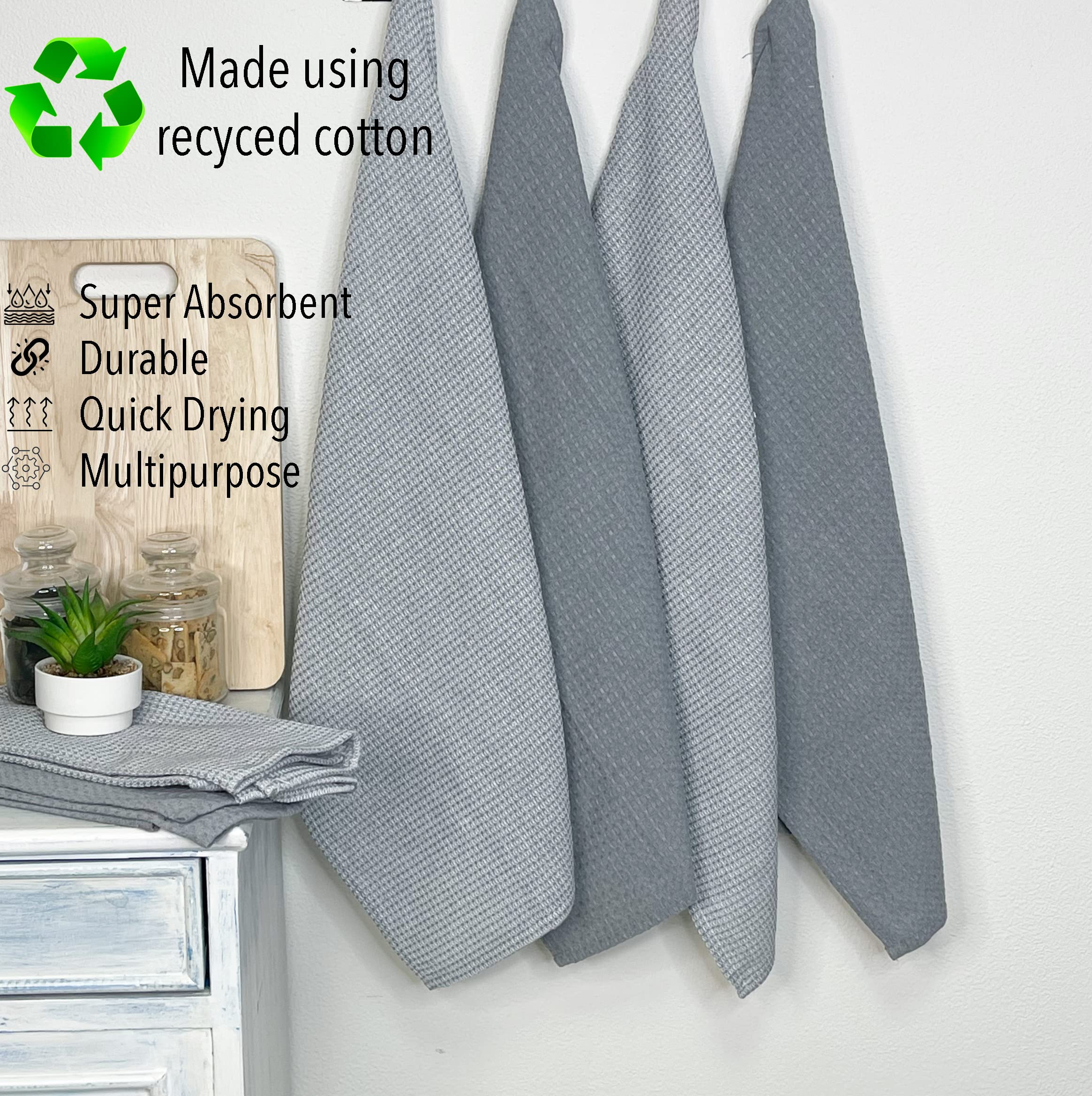 Chardin home Ecofriendly Upcycled Cotton Assorted Waffle Weave Kitchen Towels Set, Grey & White | 18x28 Inch Dish Cloths Set of 6 |Super Absorbent Reusable Ultra Soft Hand and countertop Tea Towels