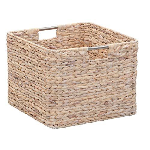 Household Essentials, White Wash Square Wicker Basket, Hyacinth Cube with Stainless Steel Handles, Intricate and Durable Weave, Sturdy Metal Frame