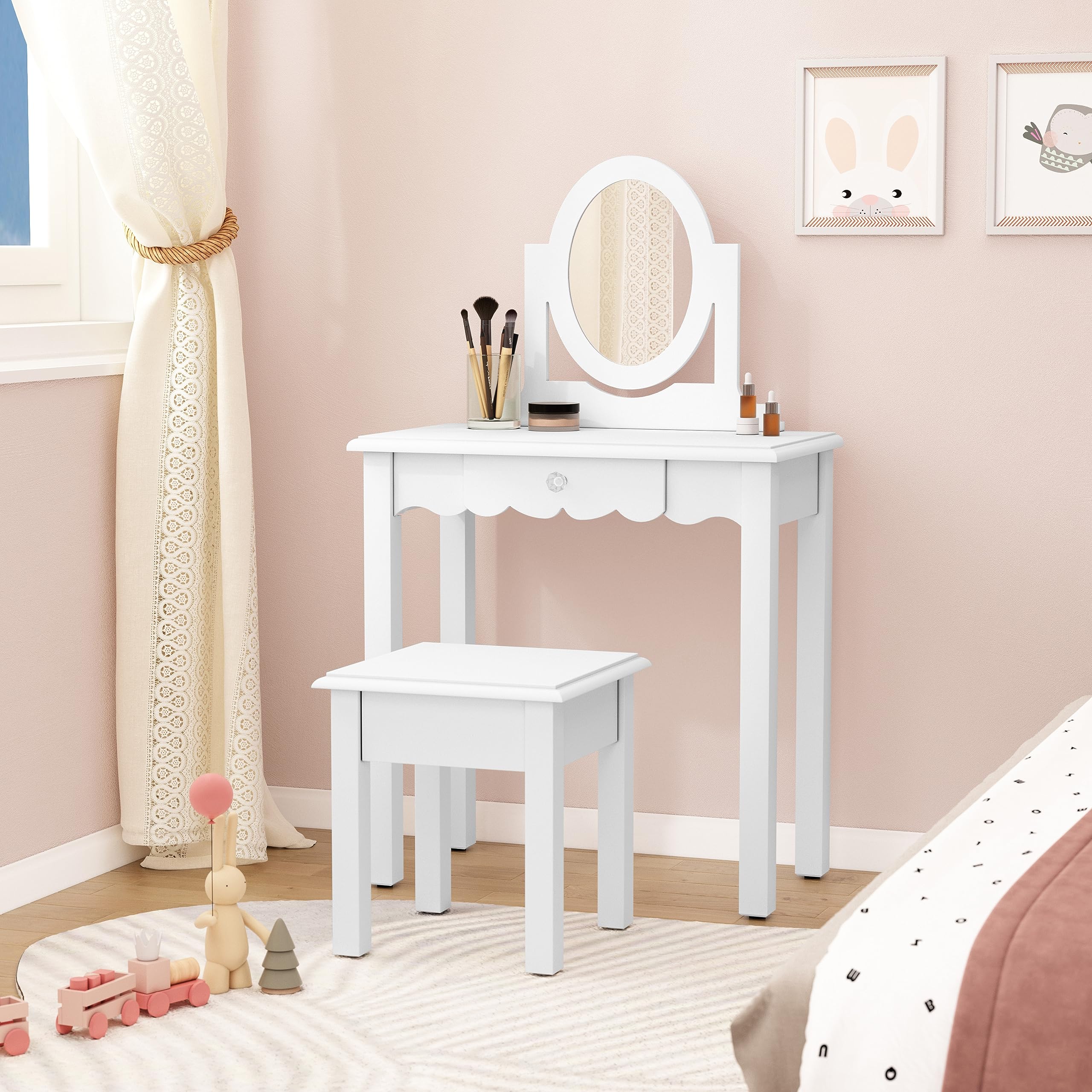Kids Vanity - Little Girls Vanity Set with Mirror and Stool, Wooden 2 in 1 Toddler Vanity Makeup Desk Dressing Table with Detachable Top & Drawer, Princess Vanity Dresser Set for Little Girls, White