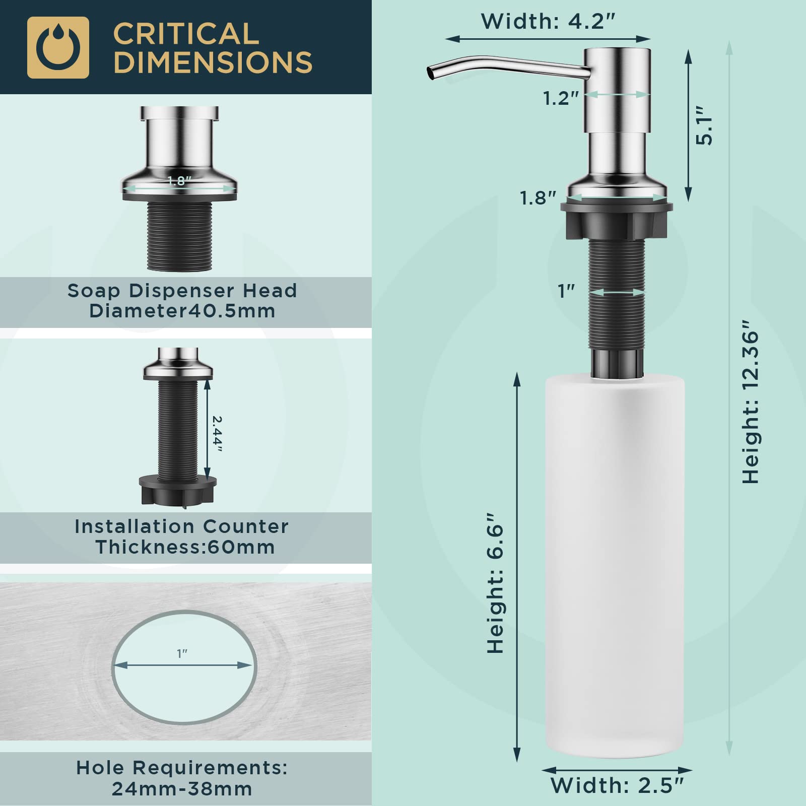 FORIOUS Soap Dispenser for Kitchen Sink, Built in Sink Soap Dispenser, Countertop Soap Dispenser with 500ML/18OZ Bottle, Lotion Dispenser for Kitchen Sink Built in Refill from The Top, Brushed Nickel