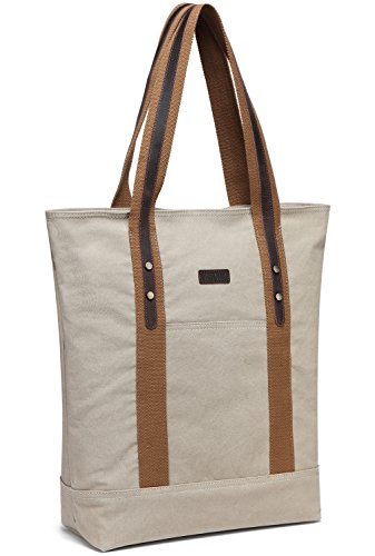 VASCHY Canvas Tote Bag, Large Vintage Shopper Travel Tote Wok Bag for Women with Leather Trim Strap Beige