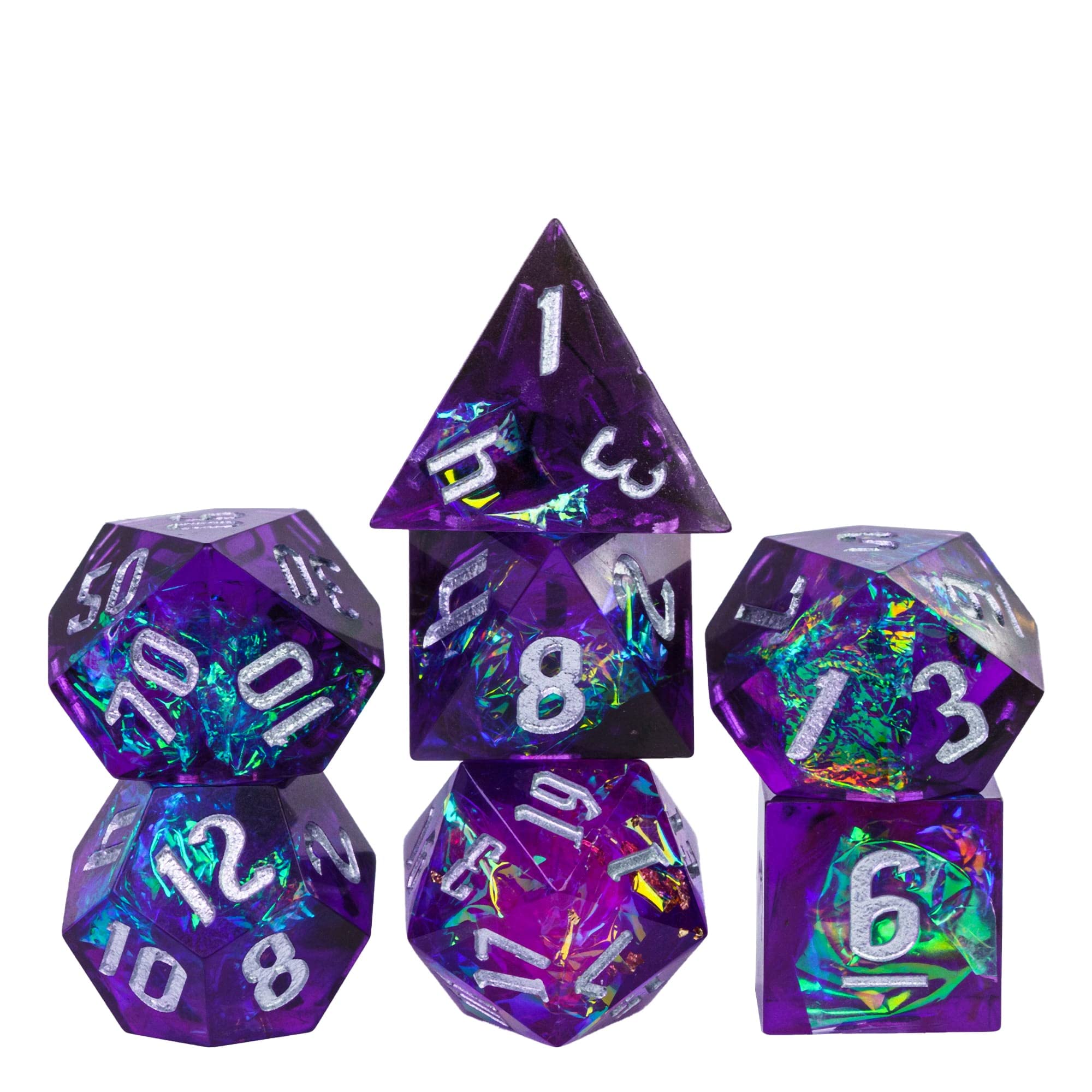 Cusdie Sharp Edges DND Dice, 7 PCs D&D Dice, Handcrafted Polyhedral Dice Set, for Role Playing Game MTG Pathfinder (Rainbow Film P/B)