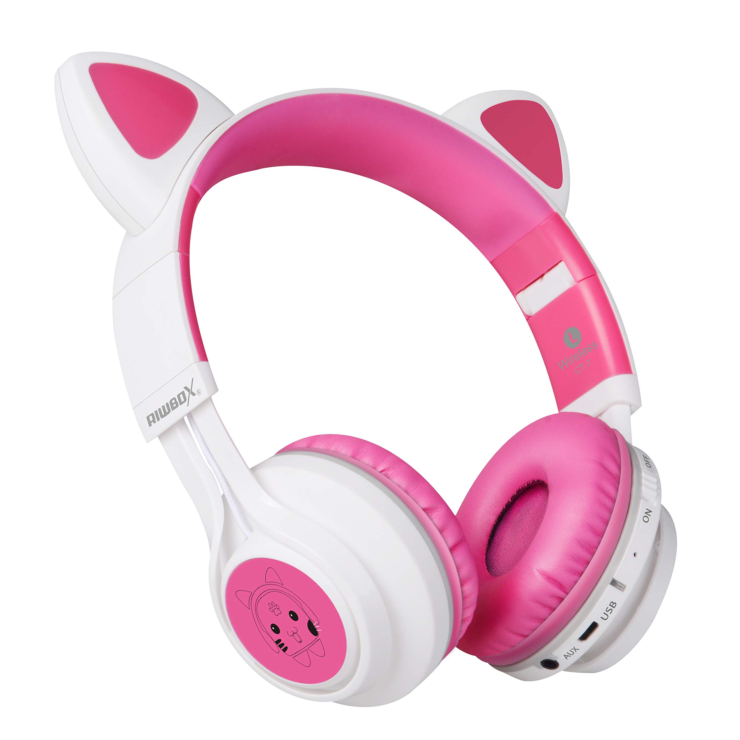 Riwbox CT-7 Cat Ear Bluetooth Headphones, LED Light Up Bluetooth Wireless Over Ear Headphones with Microphone and Volume Control for Travel/School/Smartphones/Laptop/PC/TV
