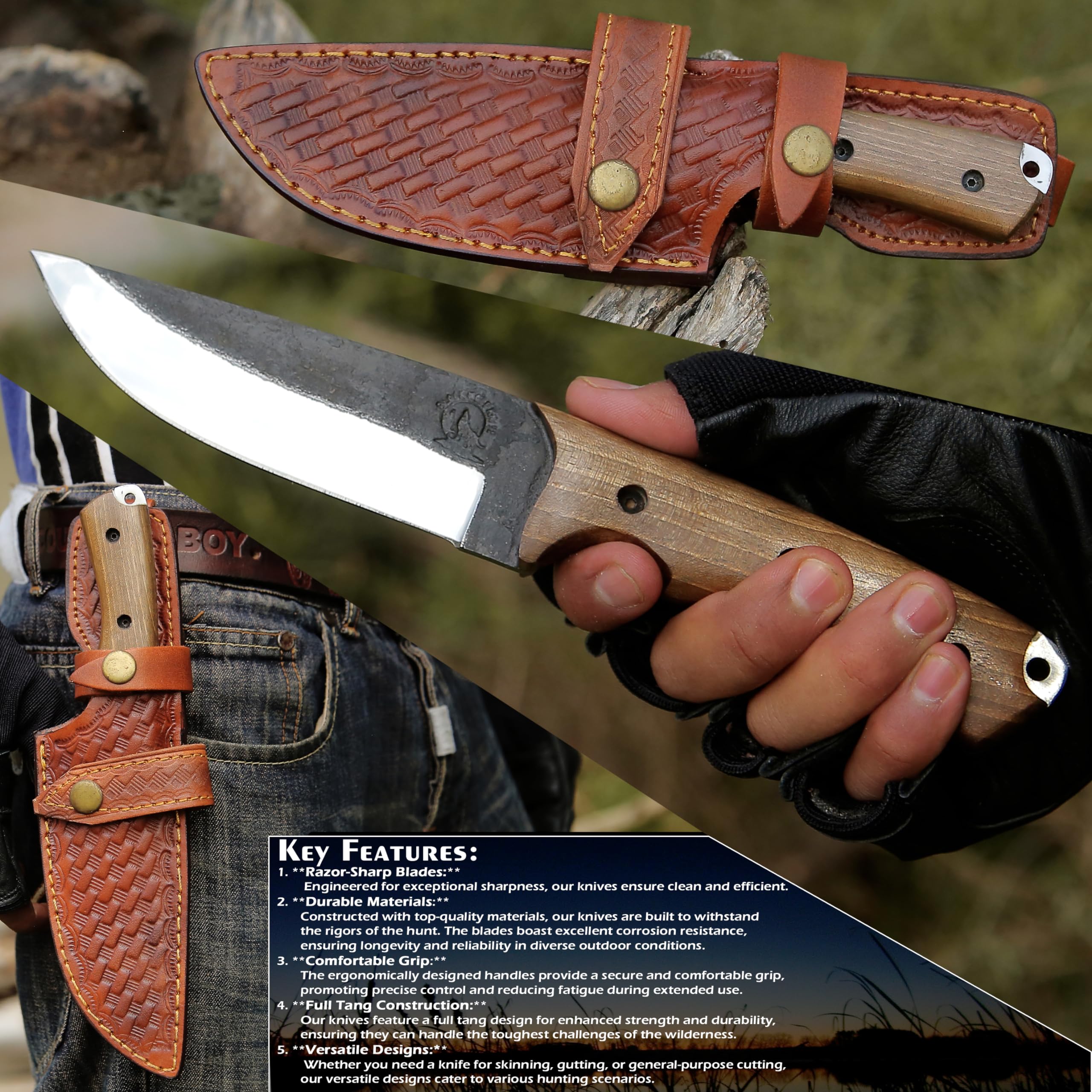 D2 Steel Hunting Knife Fixed blade knife Skinner Knife Walnut Wood handle, Black Edge,Bush craft, Camping, with Cowhide Leather Sheath – BW-4146