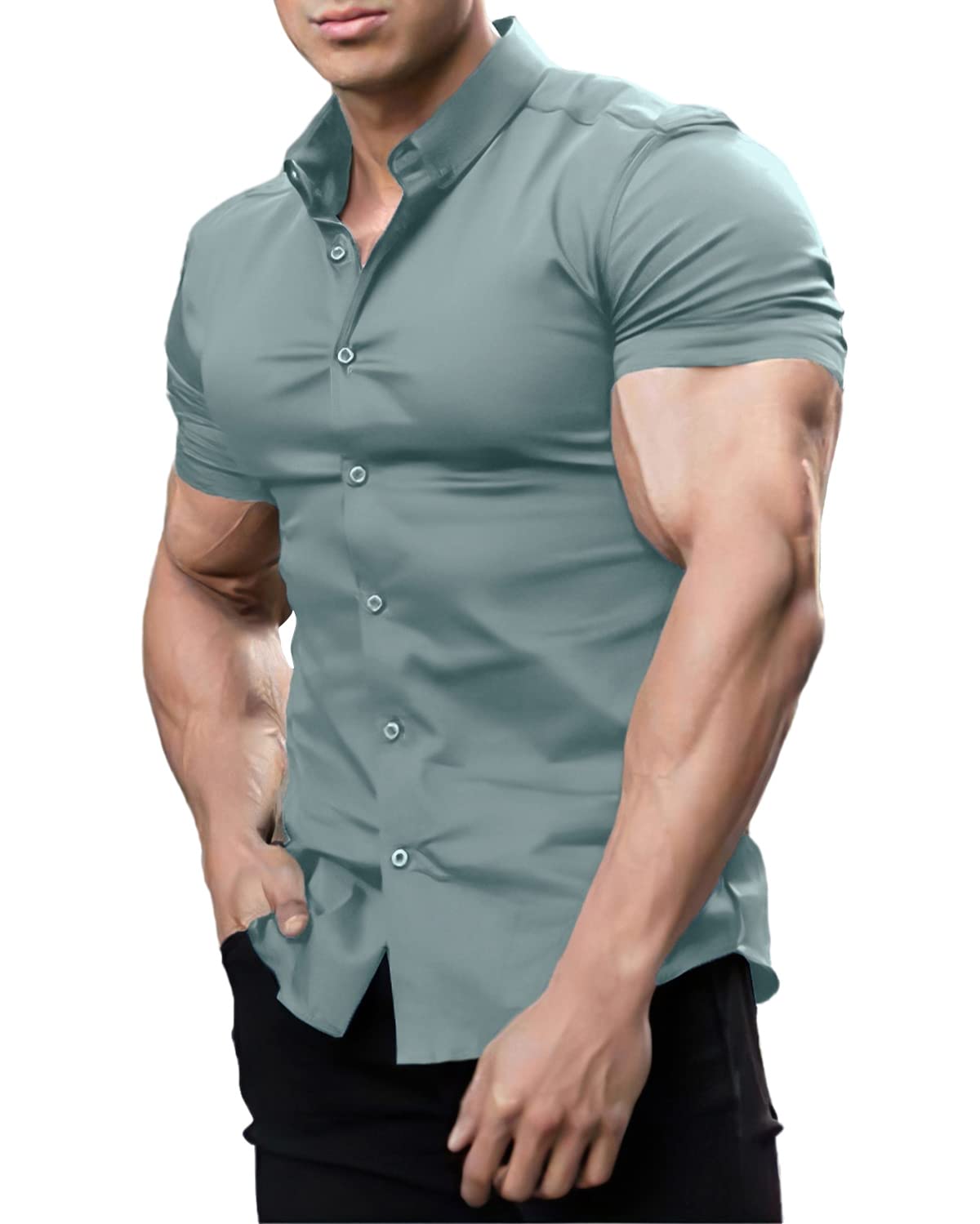 Casual Men's Muscle Fit Dress Shirts Short Sleeve Athletic Fit Button Down Shirts Light Green L