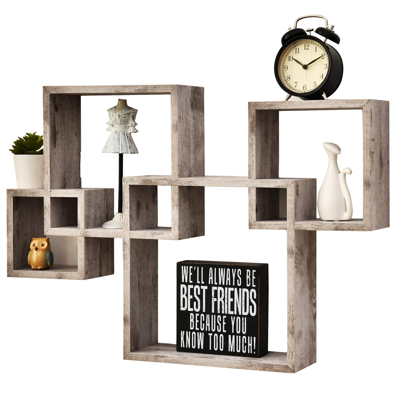 Greenco 4 Cube Intersecting Shelves, Easy-to-Assemble Floating Wall Mount Square Shelves for Bedrooms and Living Rooms, Rustic White Finish