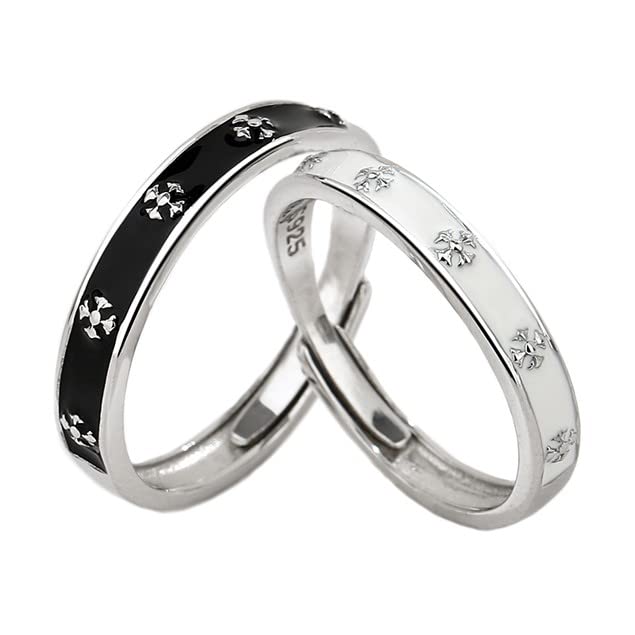 Cathay Select [New] Sterling Silver Couple Rings Set, Adjustable, For Him and Her Wedding Promise Love Rings, Black and White