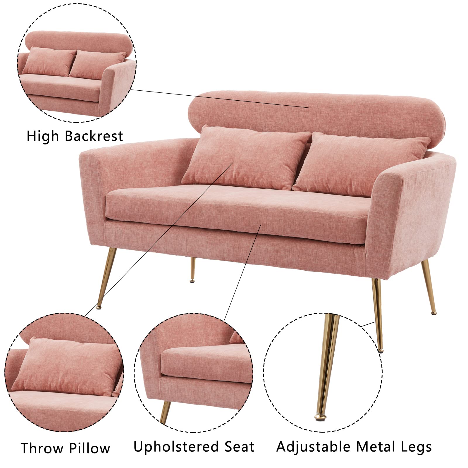 Betoko 51ββ Loveseat Sofa Small Couch Two Seat Mid Century Modern Sofa with 2 Throw Pillows and Gold Metal Legs for Small Space Office Studio Apartments Bedroom, Pink