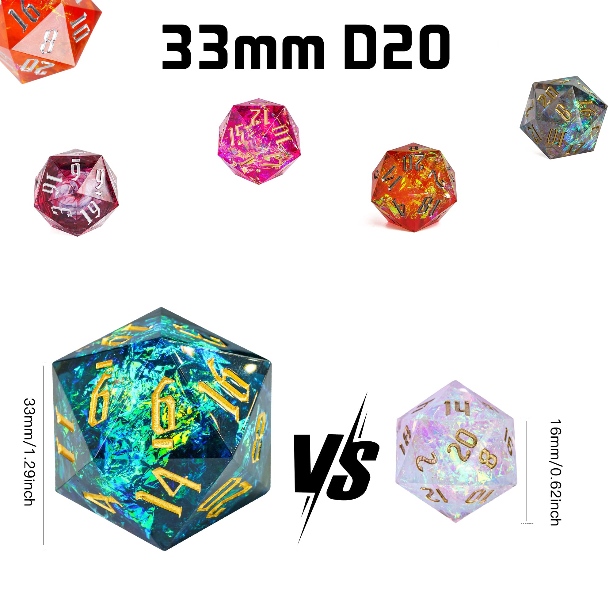 Cusdie Single D20 DND Dice with Sharp Edges and Glitter Foil Inclusions, 20 Sided D&D Dice, 33mm Handcrafted Polyhedral Dice, for Role Playing Game MTG Pathfinder (Green)
