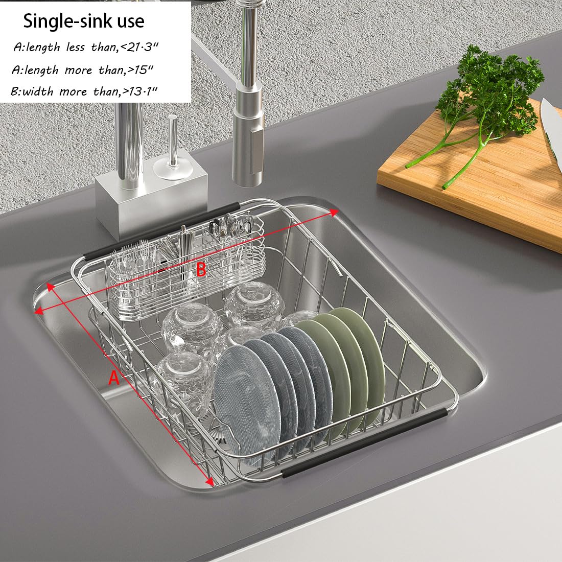 ESBOLM Dish Drainers for Inside Sink - Adjustable Over Sink Stainless Steel Dish Rack,Expandable 15.1" to 21.28" Dish Drying Rack,with Utensil Holder-X-Large(for 3-6 People)