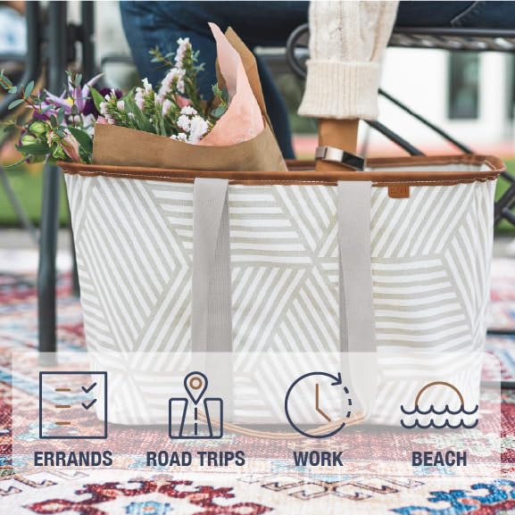 CleverMade Collapsible LUXE Tote, Geometric Taupe - 30L (8 Gal) Structured Tote Bag with Handles and Reinforced Bottom - Reusable Grocery Bag, Shopping Bag, Utility Tote Bag