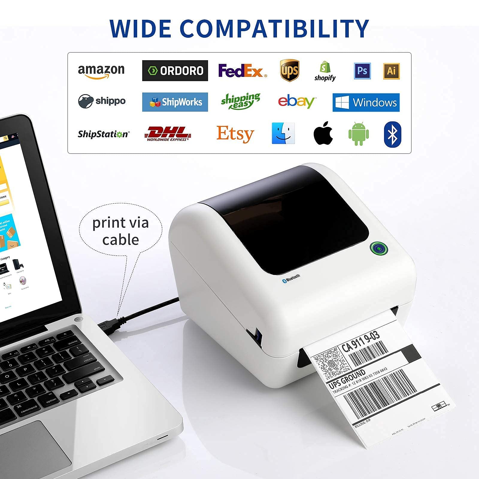 JADENS Bluetooth Thermal Shipping Label Printer - High Speed 4x6, Bluetooth Support PC and Mobile, USB for MAC, Bluetooth for PC and Phone, Compatible with Ebay, Amazon, Shopify, Etsy, USPS Barcode
