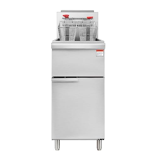WMAOT 50 lbs Capacity 200-400°F Gas Floor Fryer, 3 Tube Commercial Deep Fryer with 2 Baskets, Restaurant Stainless Steel Natural Gas Upright Fryer, Deep Floor Fryer 90,000 BTU