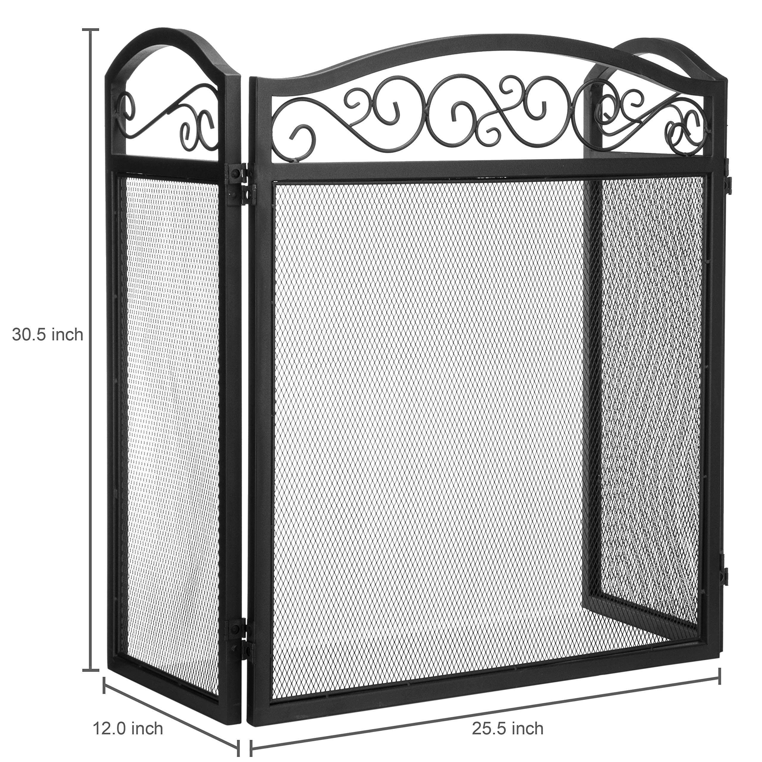 MyGift Black Wrought Iron 3 Panel Arched Fireplace Screen, Metal Mesh Screen Fire Spark Guard for Indoor Fireplace with Decorative Scrollwork Design
