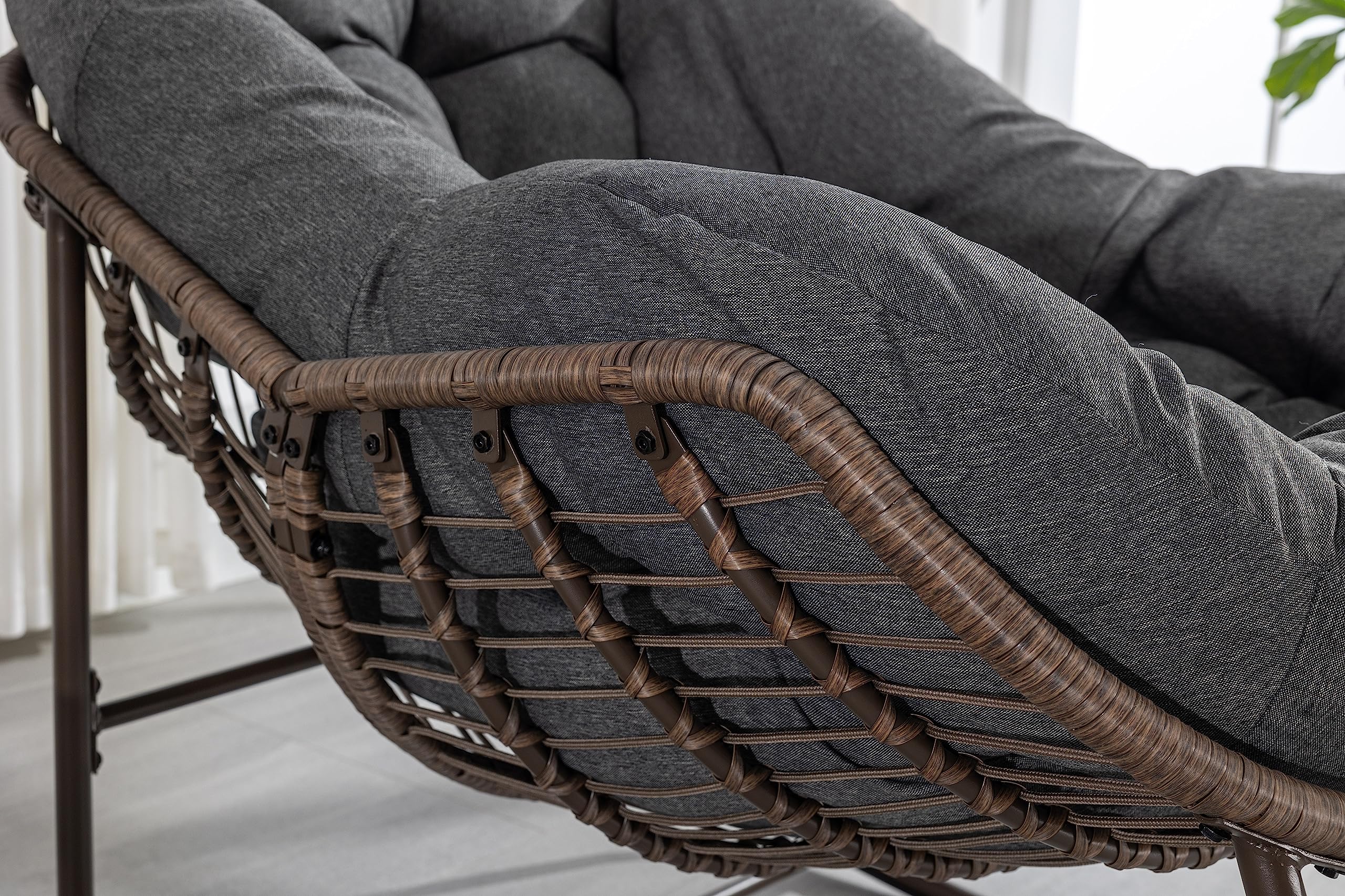 kikuwa Patio Rocking Chair, Indoor & Outdoor Backyard Oversized Rattan Egg Papasan Chairs, Comfy Upholstered Chairs, with Padded Cushion for Front Porch, Garden,Garden, Backyard (Grey)