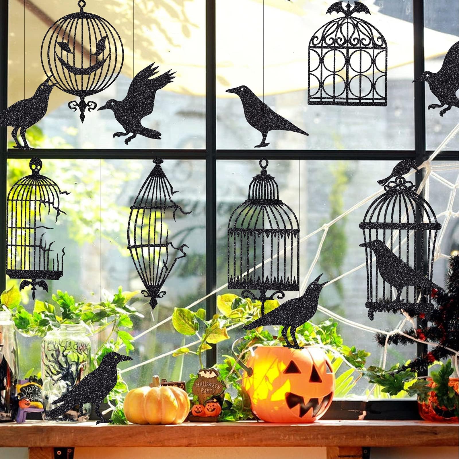 Cheerland Glitter Black Crow Cage Decorations for Gothic Halloween Stickers Decals Tree Hanging Decorations Raven Bird and Cage Banner Garland Backdrop for Horror Theme Birthday Party Supplies