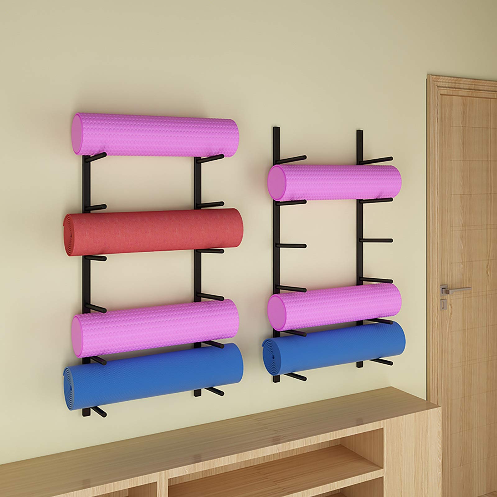 DACUN Safety Certification Yoga Mat Wall Rack and Foam Roller Storage, 6-Tiers Wrought Iron Exercise Mats for Home Gyms & Studio, Up to 6 Inch Diameter (Color : White) (Color : Black)