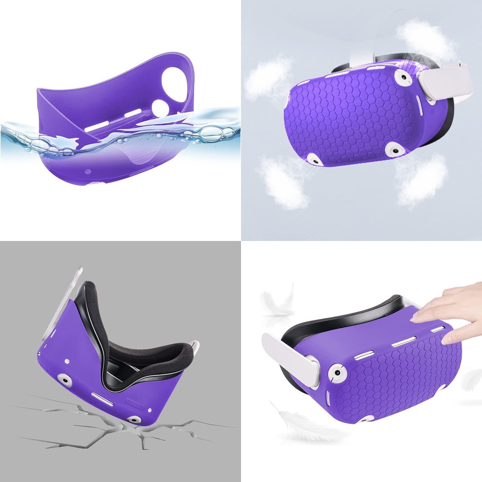 Compatible with Oculus Quest 2 Silicone Case Accessory with VR Case Cover, Silicone VR Face Cover Pad and Touch Controller Grip Cover Compatible with Quest 2, Lens Cover, Eye Mask (Purple)