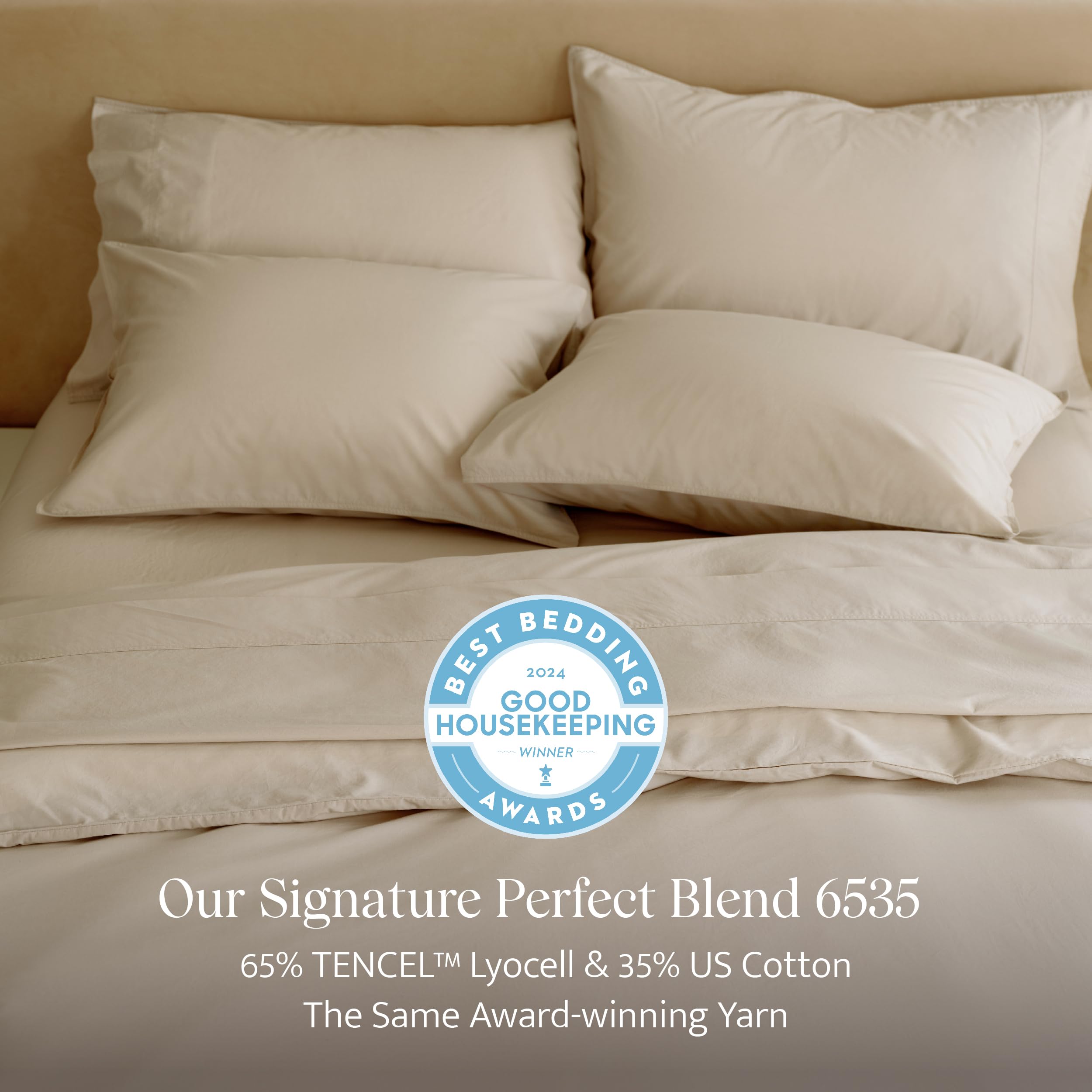 Double Stitch by Bedsure Cotton Tencel™ Lyocell Percale Duvet Cover and Fitted Sheet Bundle, 1 Cotton Tencel Lyocell Duvet Cover Set, 1 Cotton Tencel Lyocell Queen Fitted Sheet, King, Sandstone