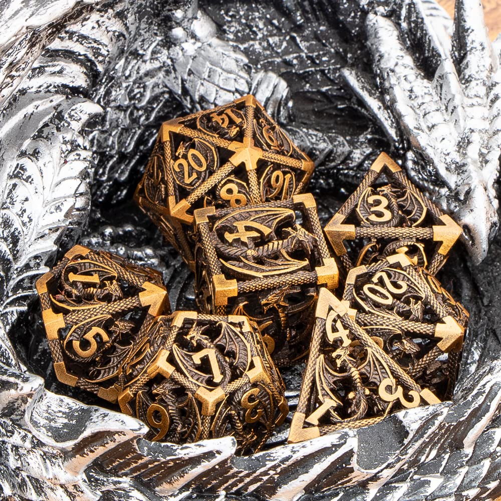 DND Dice Set D&D Dice, RUNFNG Ancient Gold Metal Dungeon Dragon Dice Set Lightweight Balance Roller Hollow Dice Set with Cool Box, Polyhedral Dice Set for Warhammer Shadowrun D20 D12 D10 D8 D6 D4