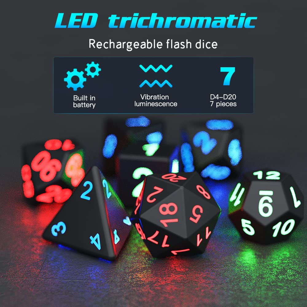 DND Dice Set Laelr Polyhedral DND Dice 7 PCS Glowing Dice Set with Charging Box Electronic Dices Shake to Light Up Dice D&D Dice Rechargeable for Dungeon and Dragons Role Playing Game Tabletop Games